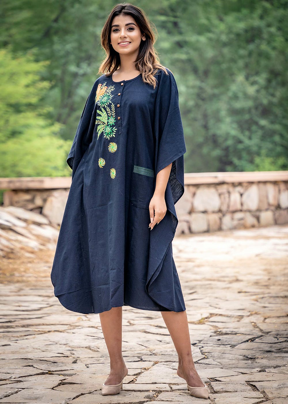 Get Black Embroidered Khari Cotton Bird Print Stitch Kaftan Dress at ...