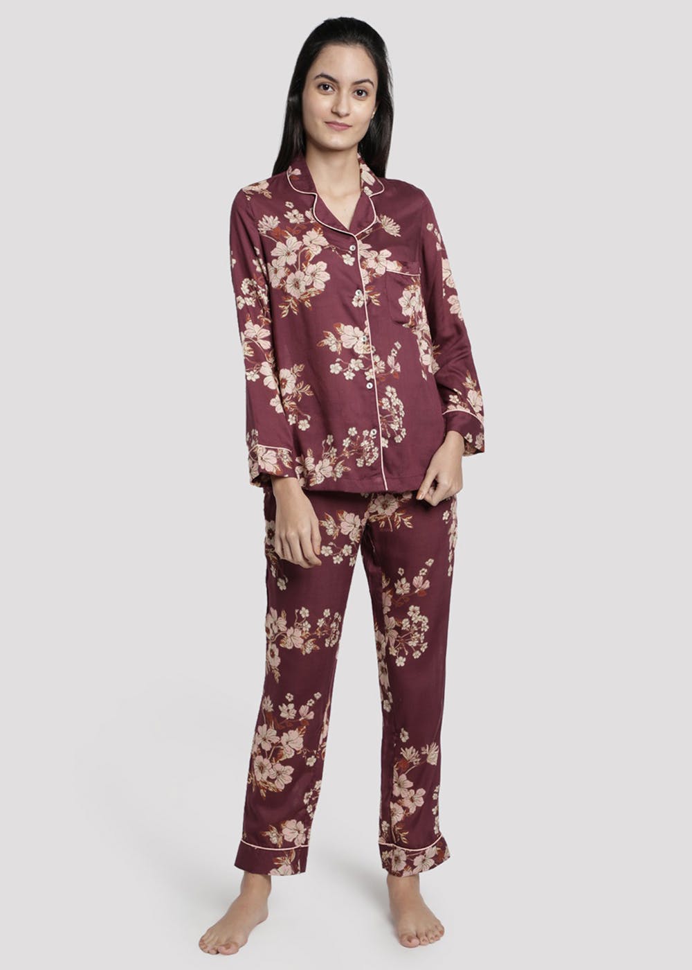 Get Burgundy Garden Modal Pyjama Set at ₹ 2690 | LBB Shop