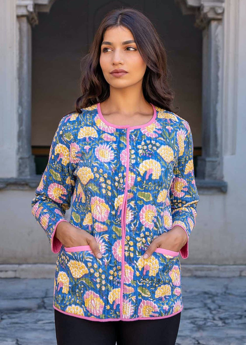 Get Floral Block Printed Cotton Quilted Jacket at ₹ 2100 | LBB Shop