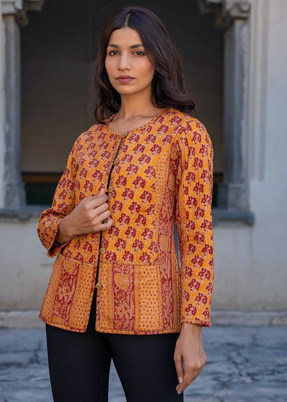 Get Mustard Red Reversible Block Printed Quilted Jacket at ₹ 2400 | LBB ...