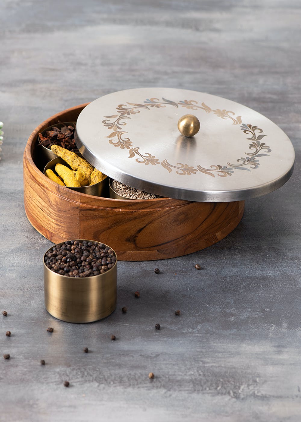 Get Silver Lazer Design Wooden Masala Box at ₹ 2695 | LBB Shop