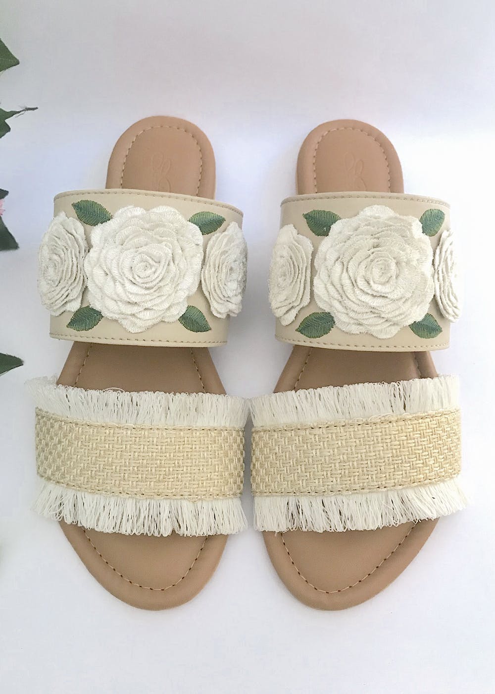 Get Fringe Detail Big Floral Embroidered Cream Slides at ₹ 1109 | LBB Shop