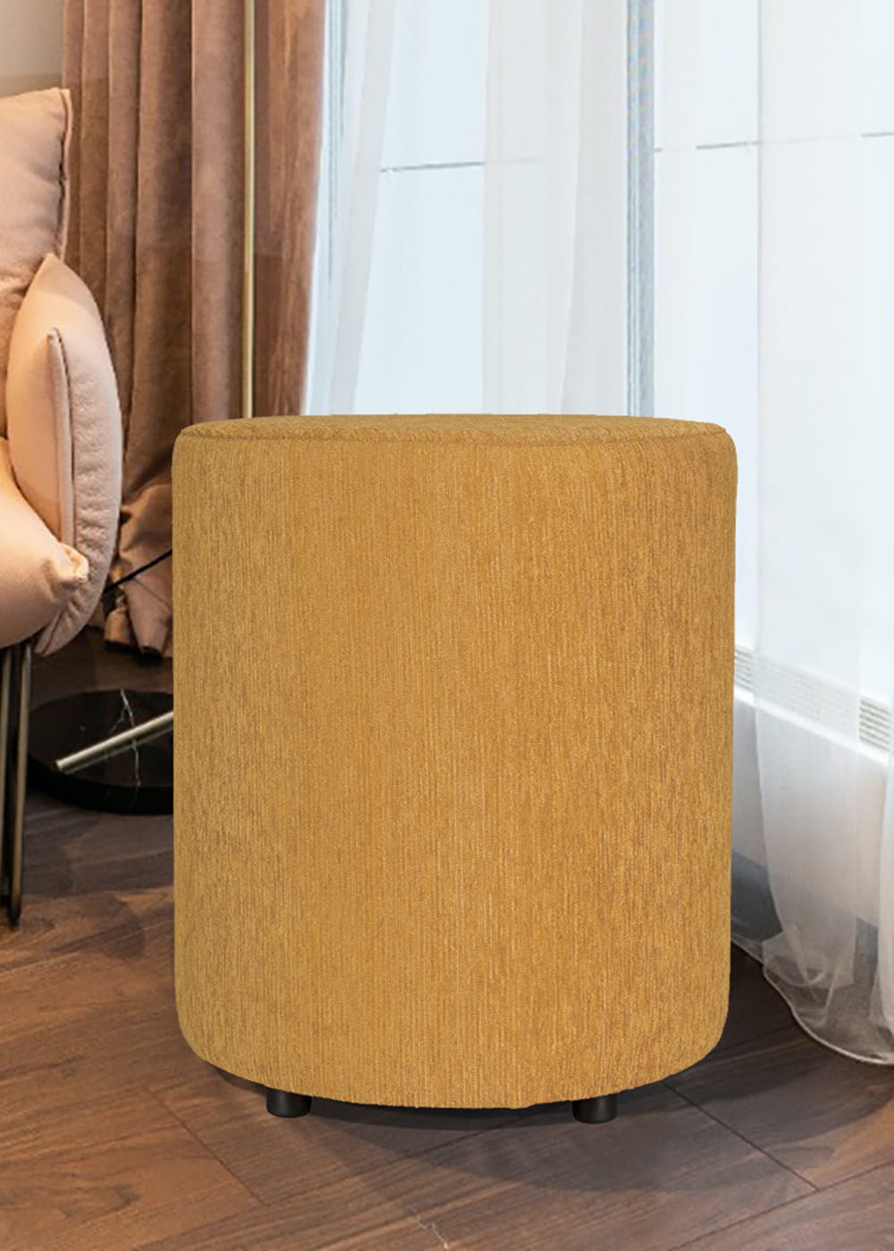 Get Barrel Upholstered Foam Cushioned Round Turmeric Yellow Pouffe at ...