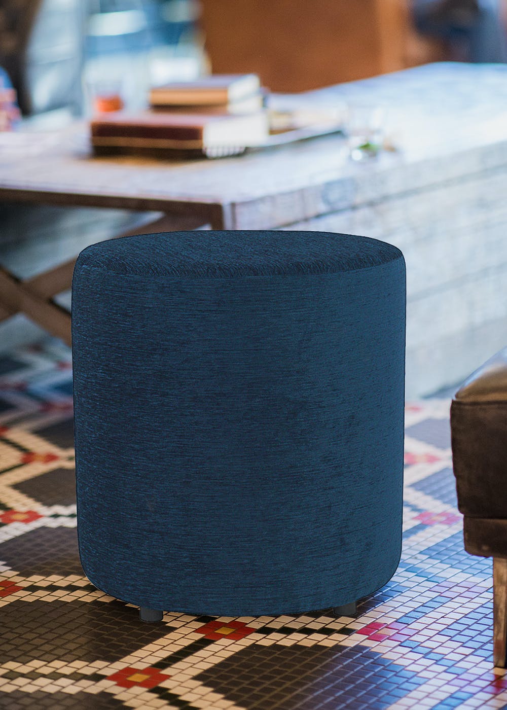 Get Barrel Upholstered Foam Cushioned Round Blue Pouffe at ₹ 2600 | LBB ...
