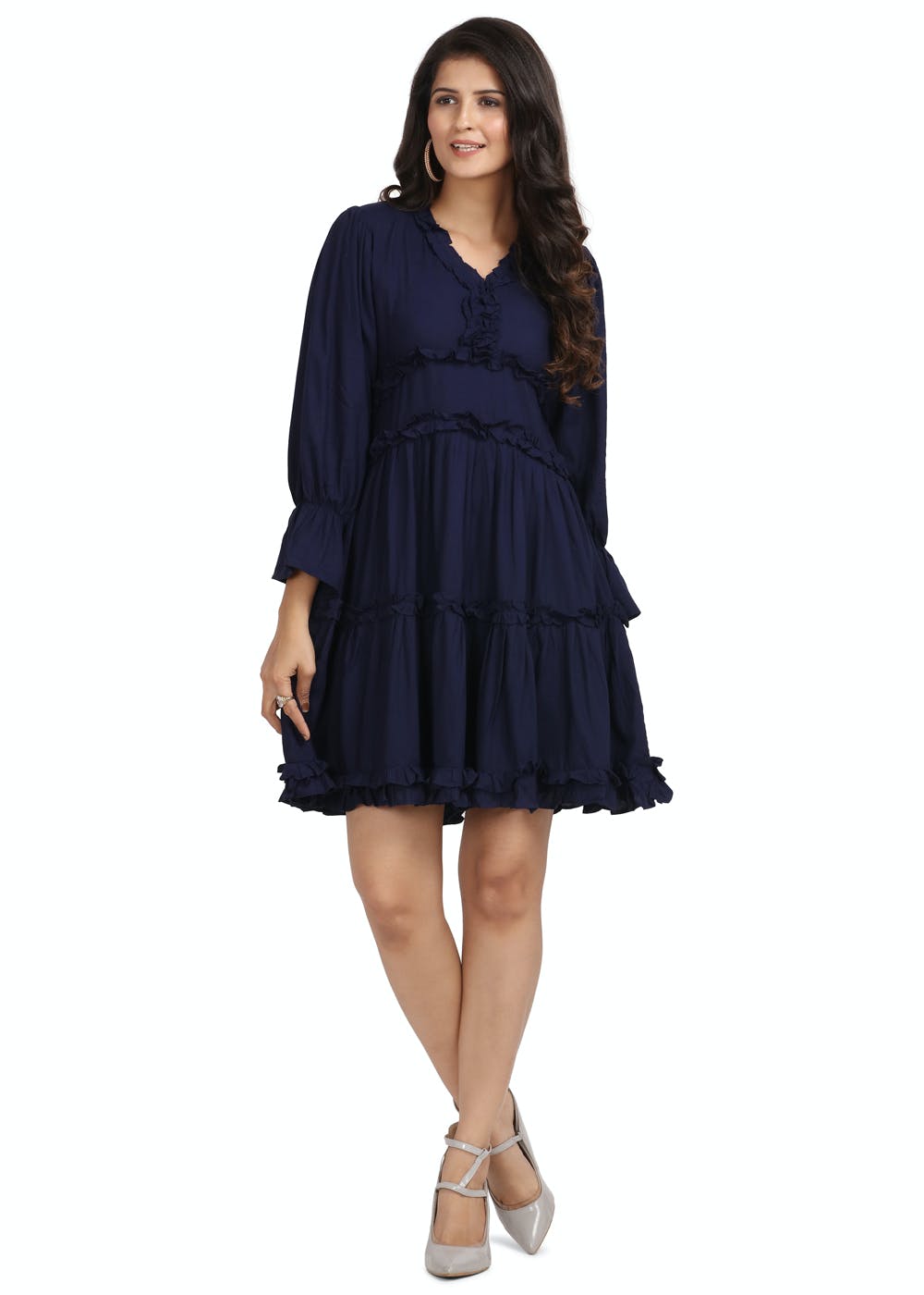 Get Navy Fit & Flare Ruffled Layered Dress at ₹ 1750 | LBB Shop