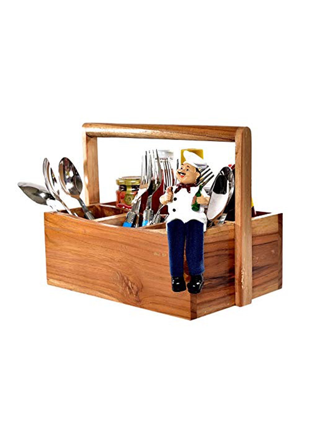 Get Teak Wood Table Utility Cutlery Holder/Caddy with Handle at ₹ 1850 ...