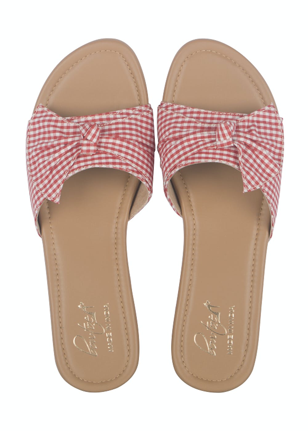 Get Bow Embellished Red & White Checkered Slides at ₹ 1800 | LBB Shop