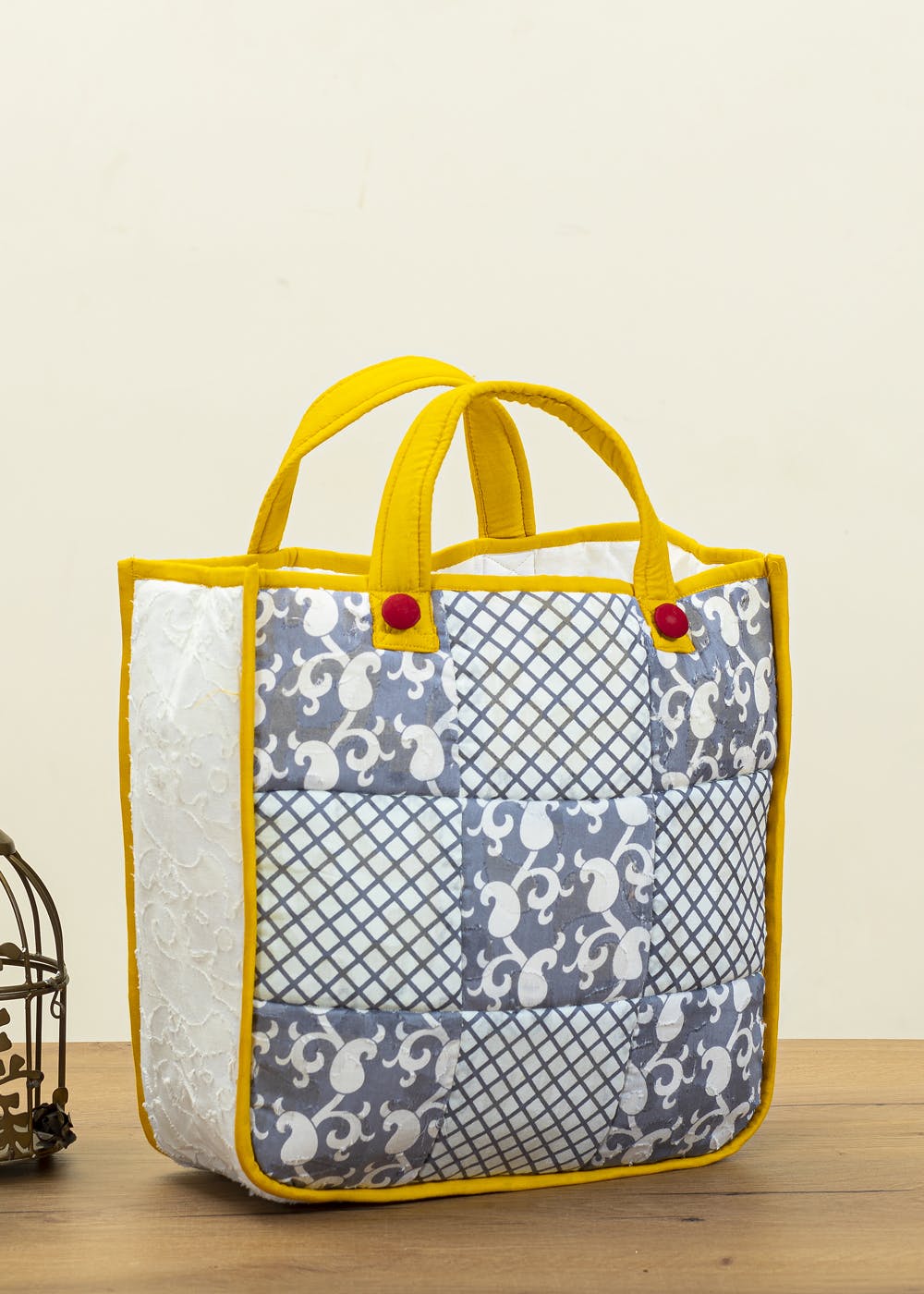 Get Grey and Yellow Jacquard Box Bag at ₹ 675 | LBB Shop
