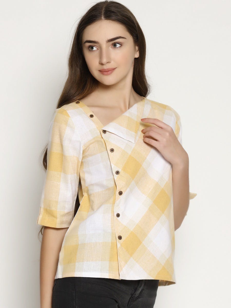 Get Asymmetrical Button-Down Sunflower Yellow Top at ₹ 950 | LBB Shop