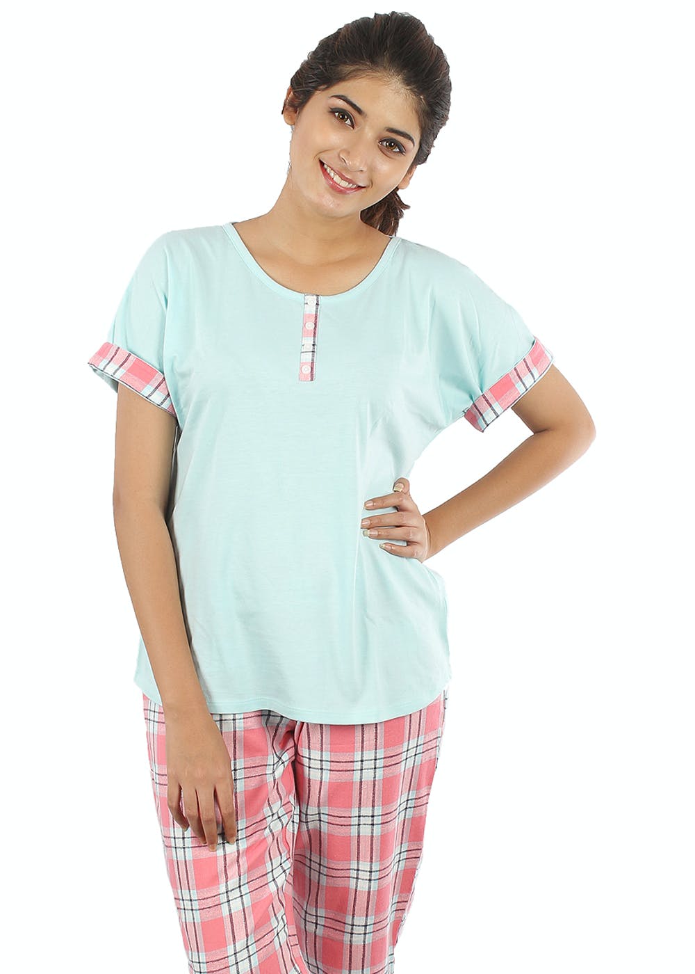 Get Aqua Top With Pink Checkered Pyjamas Set at ₹ 999 | LBB Shop