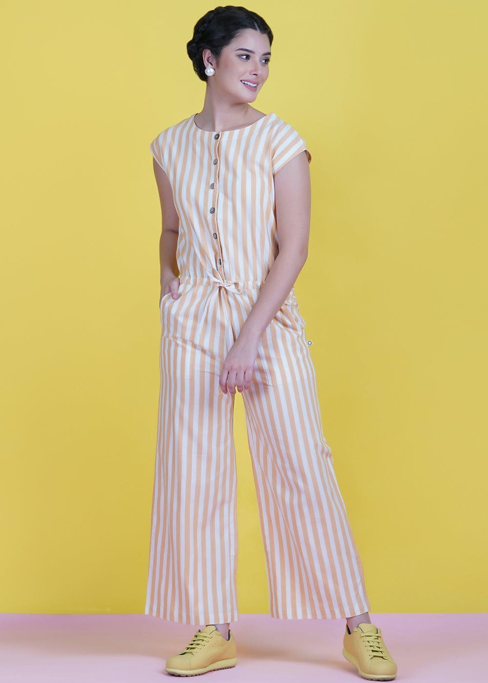 Get Cotton Yellow Stripe Buttoned Front Jumpsuit at ₹ 2250 | LBB Shop