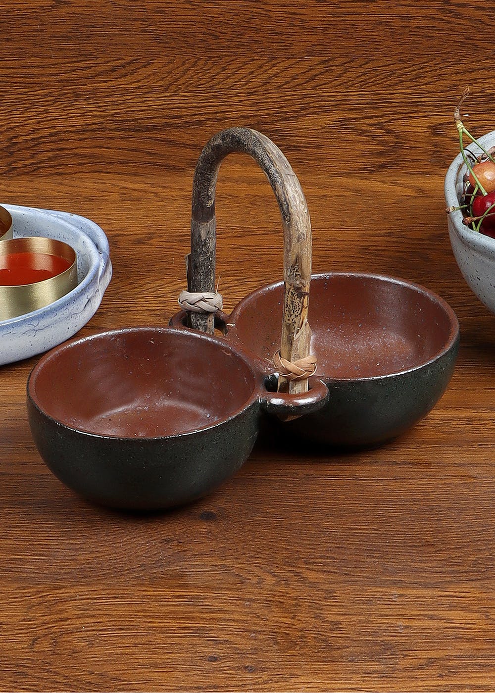 Get Studio Pottery Dark Green Chutney Server With Cane Handle & Round ...