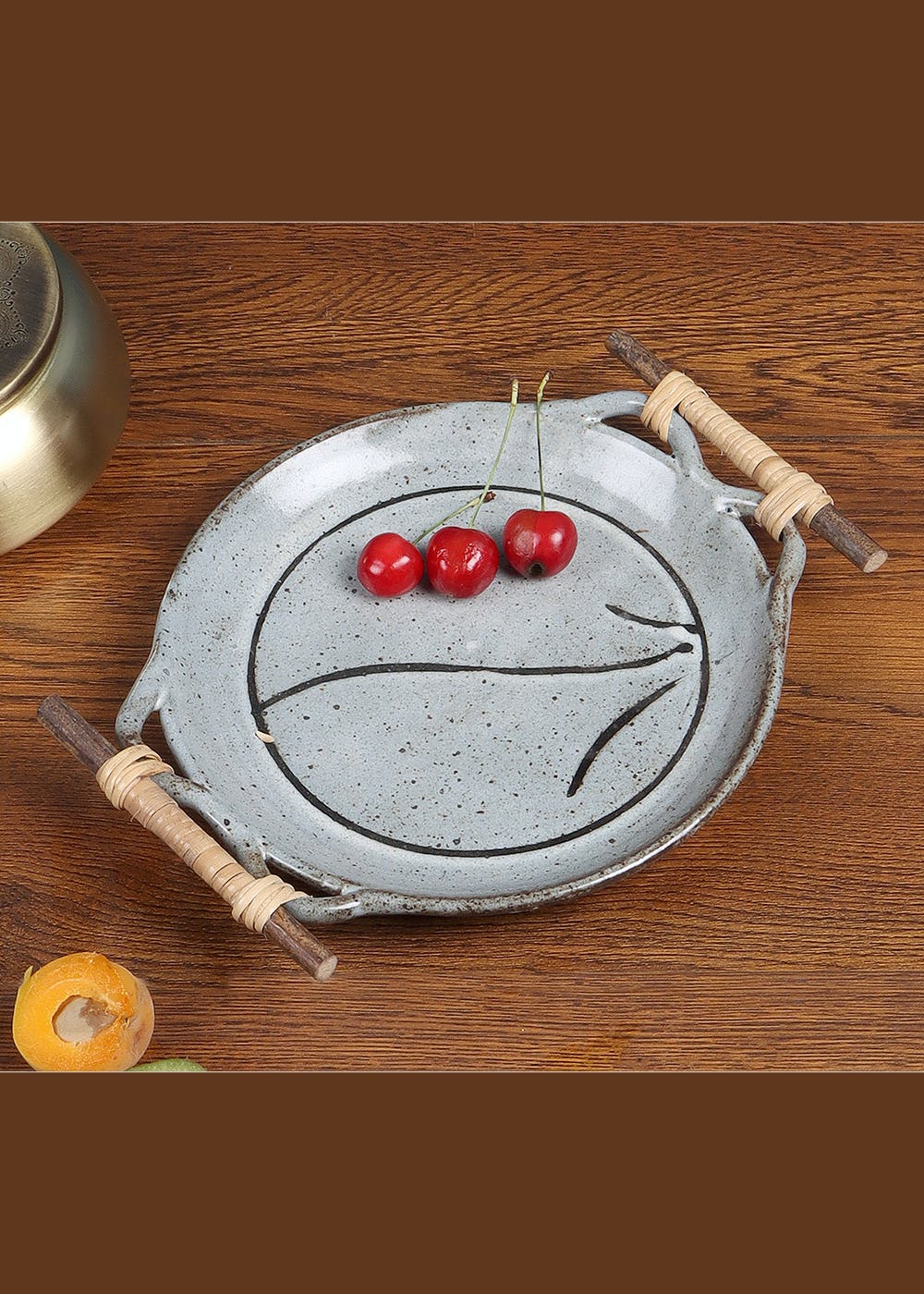 Get Studio Pottery Light Blue Round Platter With Cane Handle at ₹ 1750 ...