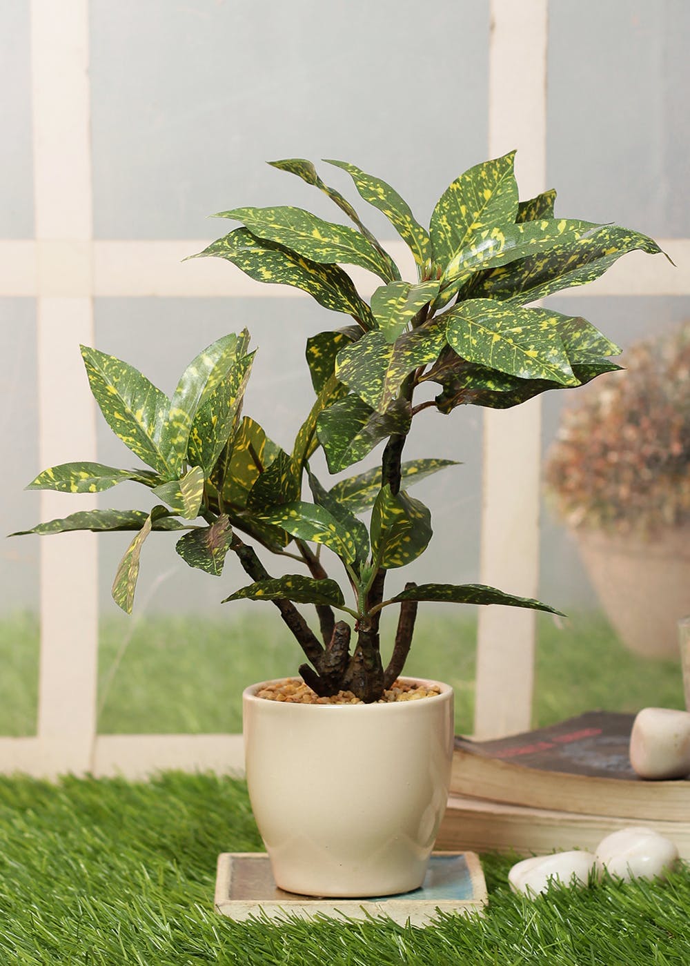 Get Artificial Green Croton Bonsai with Off-White Ceramic Pot at ₹ 1050 ...