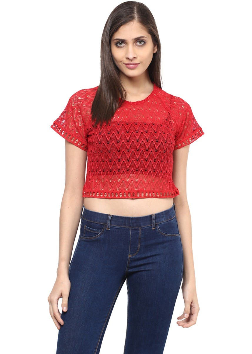 Get Red Self Design Crop Top at ₹ 350 | LBB Shop