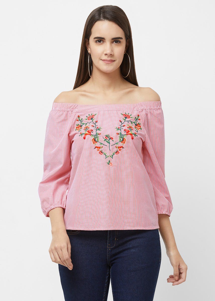 Get Striped Red Off-Shoulder Printed Top at ₹ 525 | LBB Shop