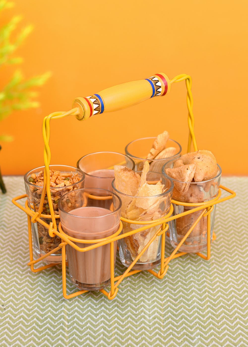 Get Cutting Chai Glasses with Yellow Handpainted Metal Stand - Set of 6 ...