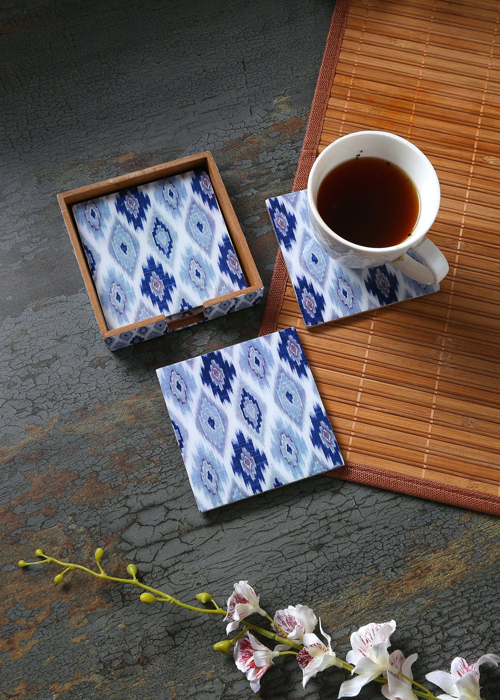 Get Handcrafted MDF Coaster Set of 4 in Blue /White Ikat print at ...