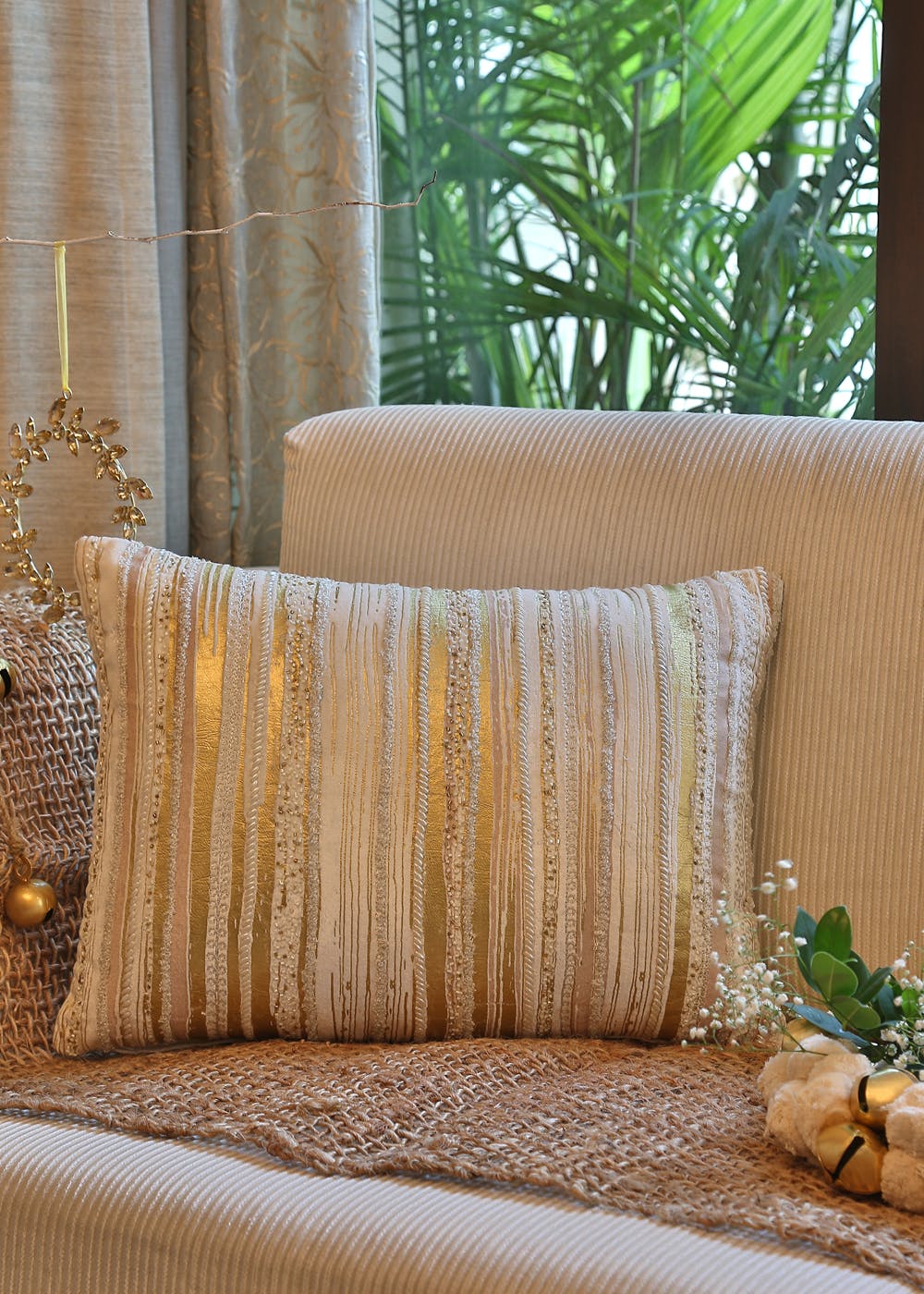 Get Ivory Embellished And Foil Printed Cushion Cover at ₹ 1360 | LBB Shop