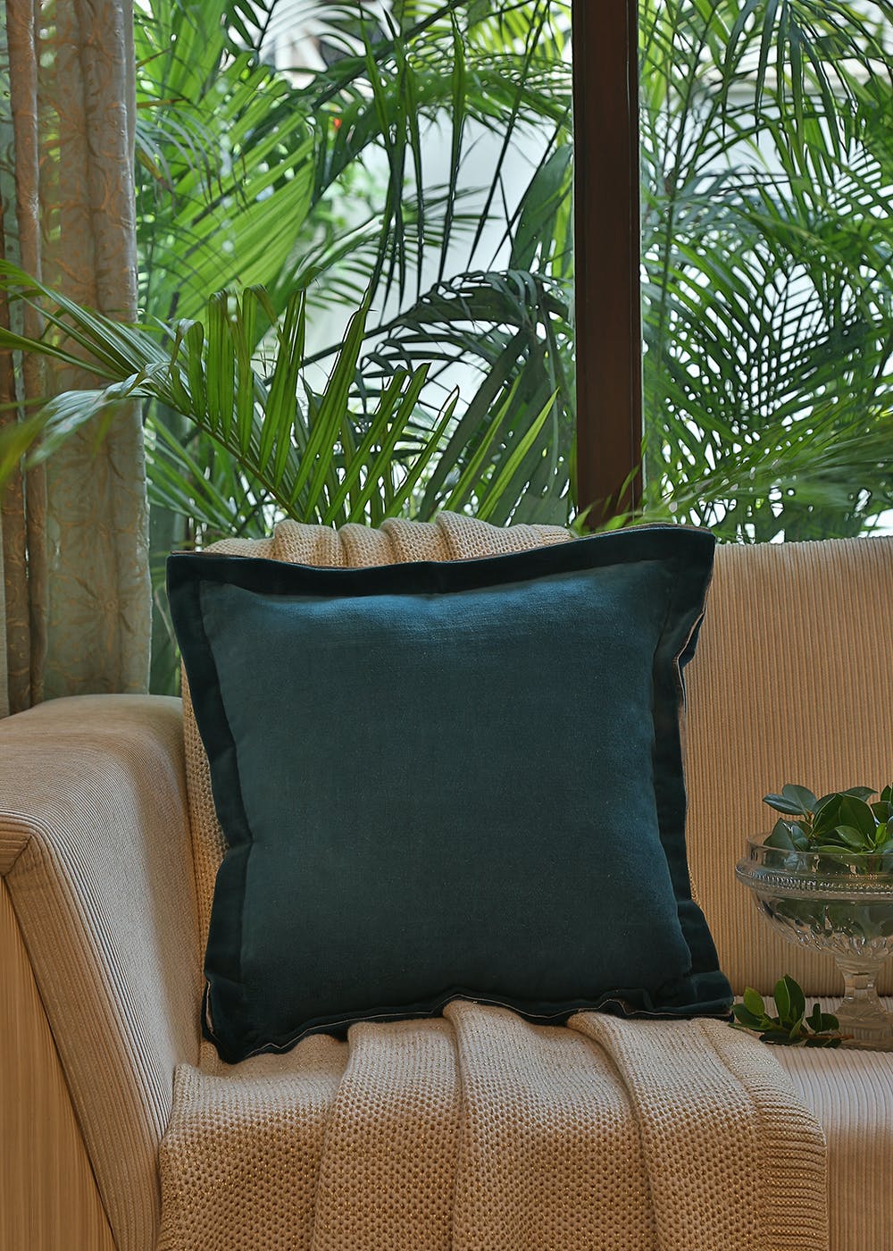 Get Teal Cotton Velvet Cushion Cover With Contrast Border Trim at ...