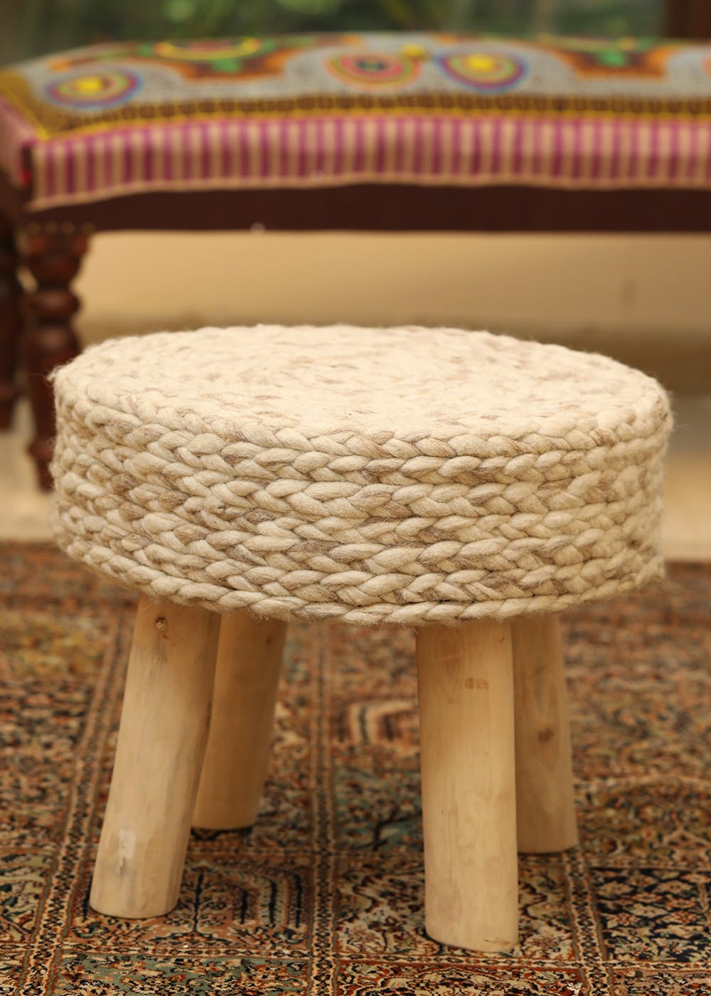 Get Beige & Natural Woolen Hand Knitted Wooden Stool at ₹ 3825 | LBB Shop
