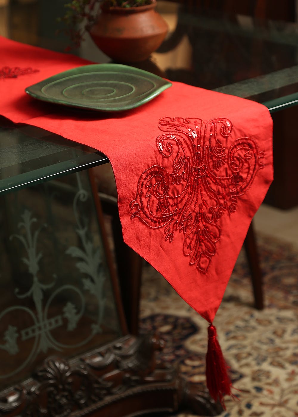 Get Red Table Runner With Tone On Tone Beads, Sequin And Tassels at ...