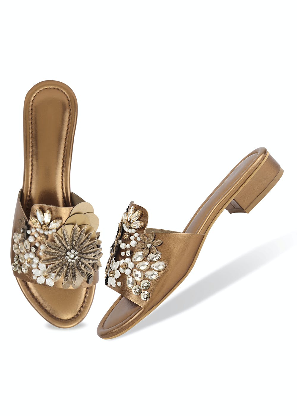 Get Floral Multi Stone & Pearl Embellished Copper Slides at ₹ 1299 ...