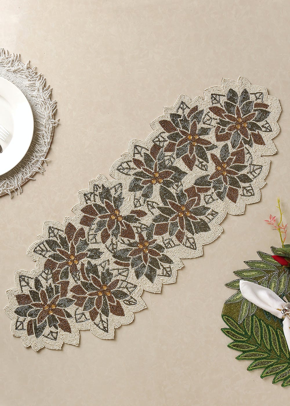 Get Two-Tone Floral Beaded Ivory Table Runner at ₹ 2500 | LBB Shop