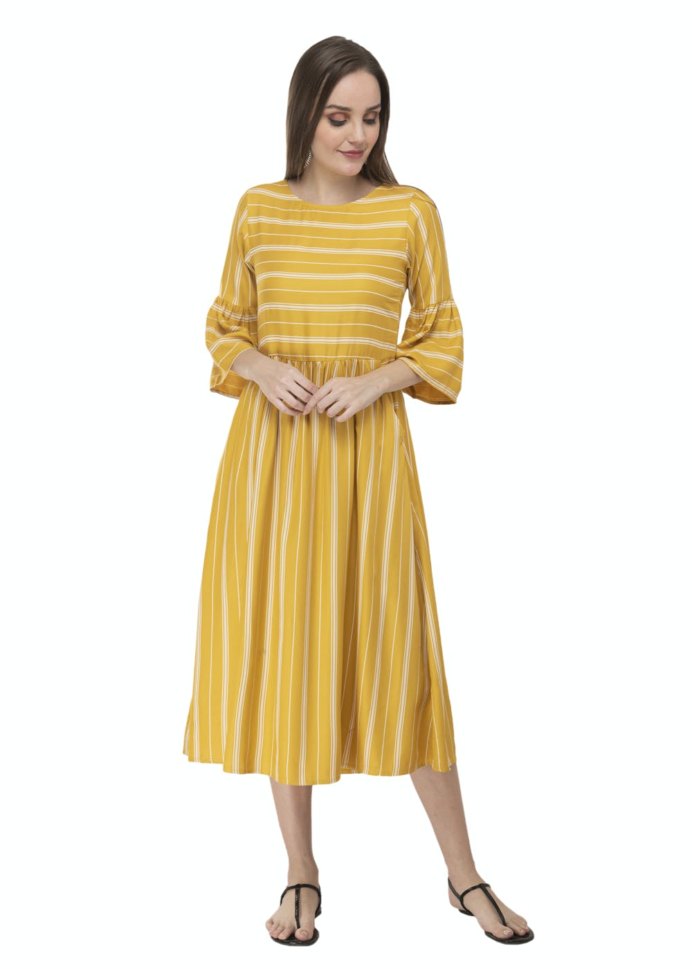 Get Bell Sleeves Detail Yellow Striped Maxi Dress At ₹ 999 Lbb Shop