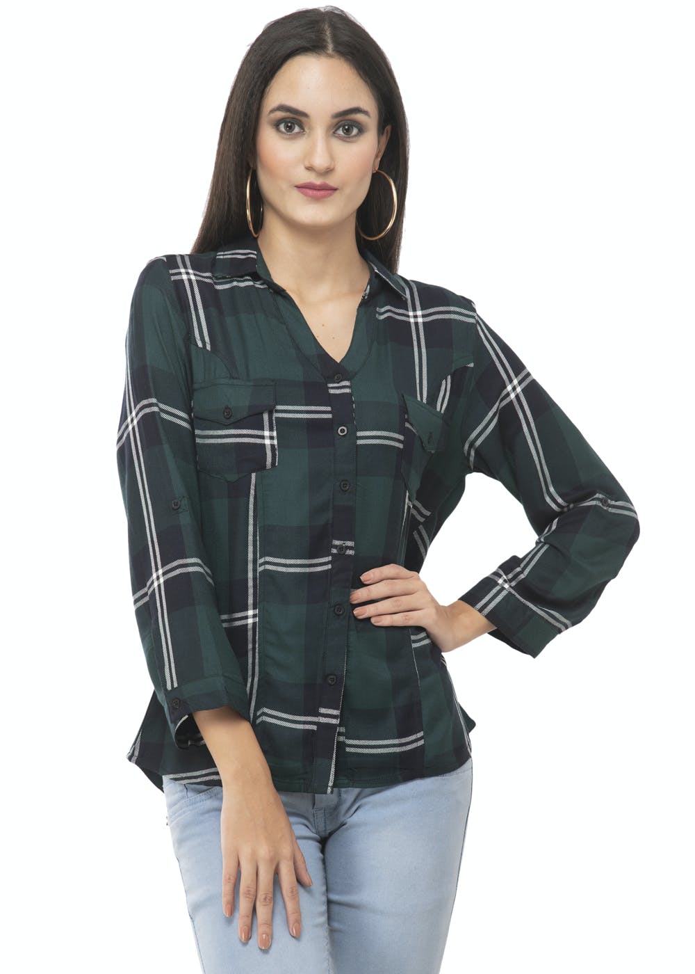 Get Dual Patch Pocket Detail Green Checkered Shirt at ₹ 799 | LBB Shop
