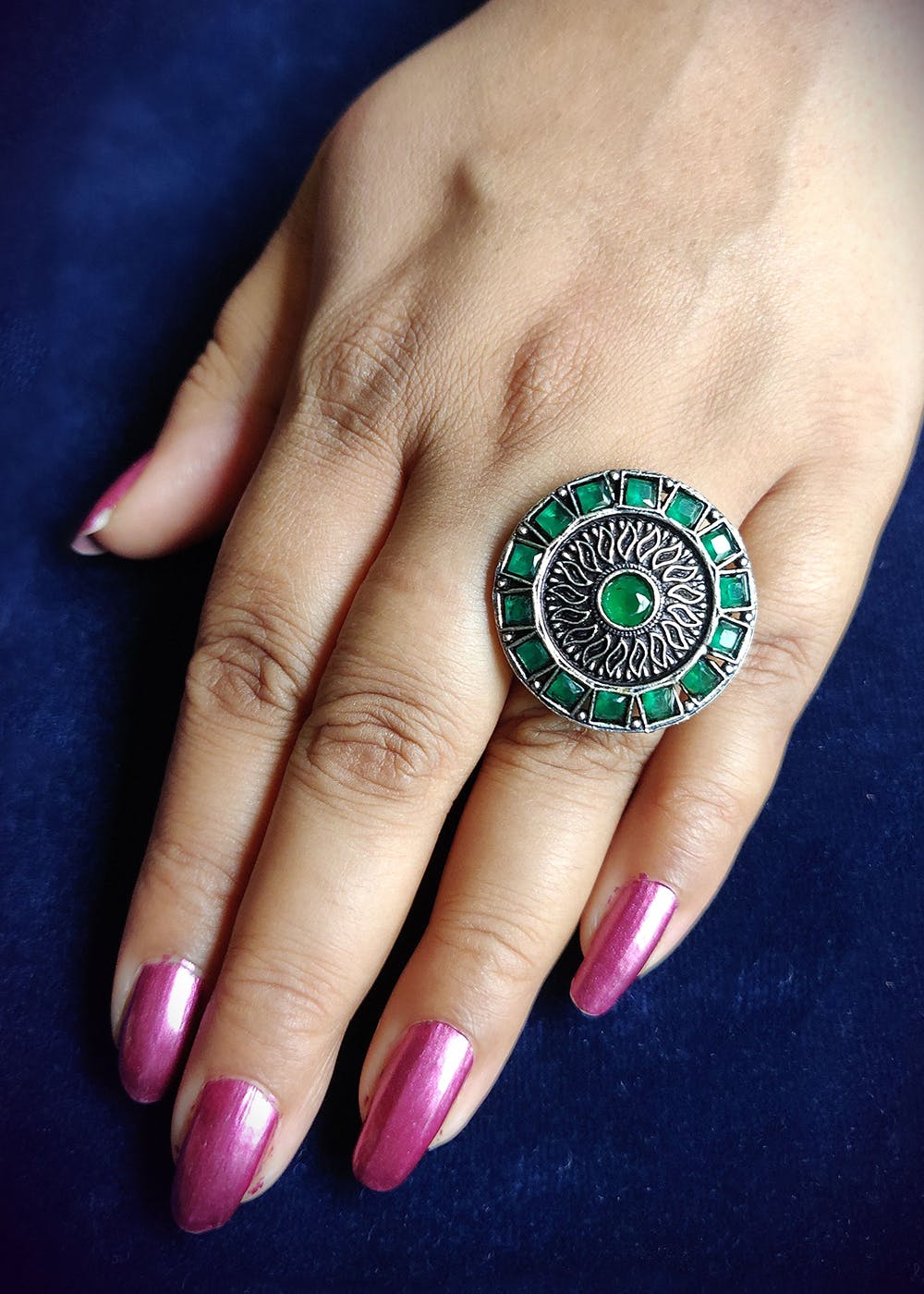 Get Round Stone Studded Oxidised Silver Ethnic Green Ring at ₹ 629 ...