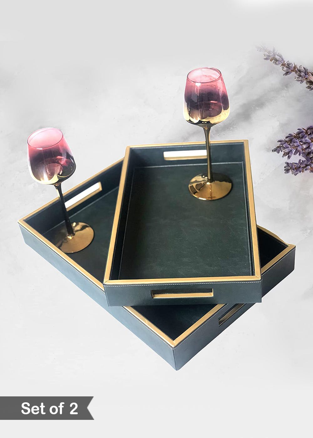 Get Green Premium Leather Tray - Set Of 2 at ₹ 2499 | LBB Shop