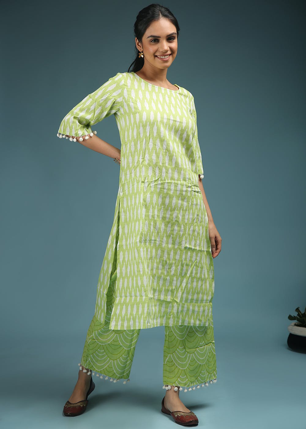 Get Printed Green Pom-Pom Detail Tunic & Pants Set at ₹ 781 | LBB Shop
