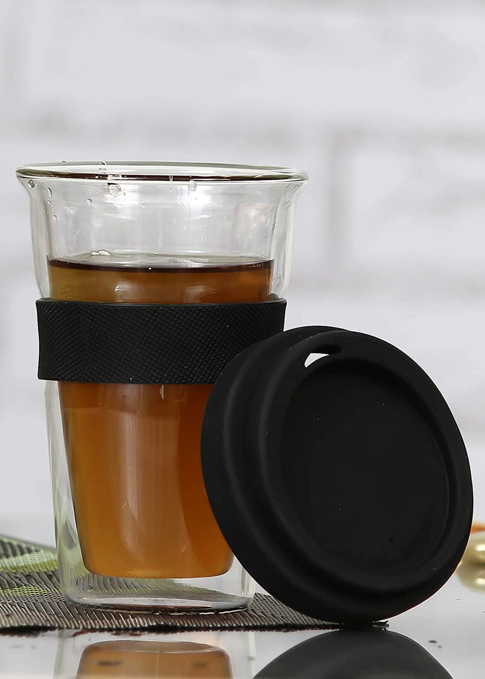 Get Double Wall Crystal Glass Coffee Sipper with Silicone Grip (350 ml ...