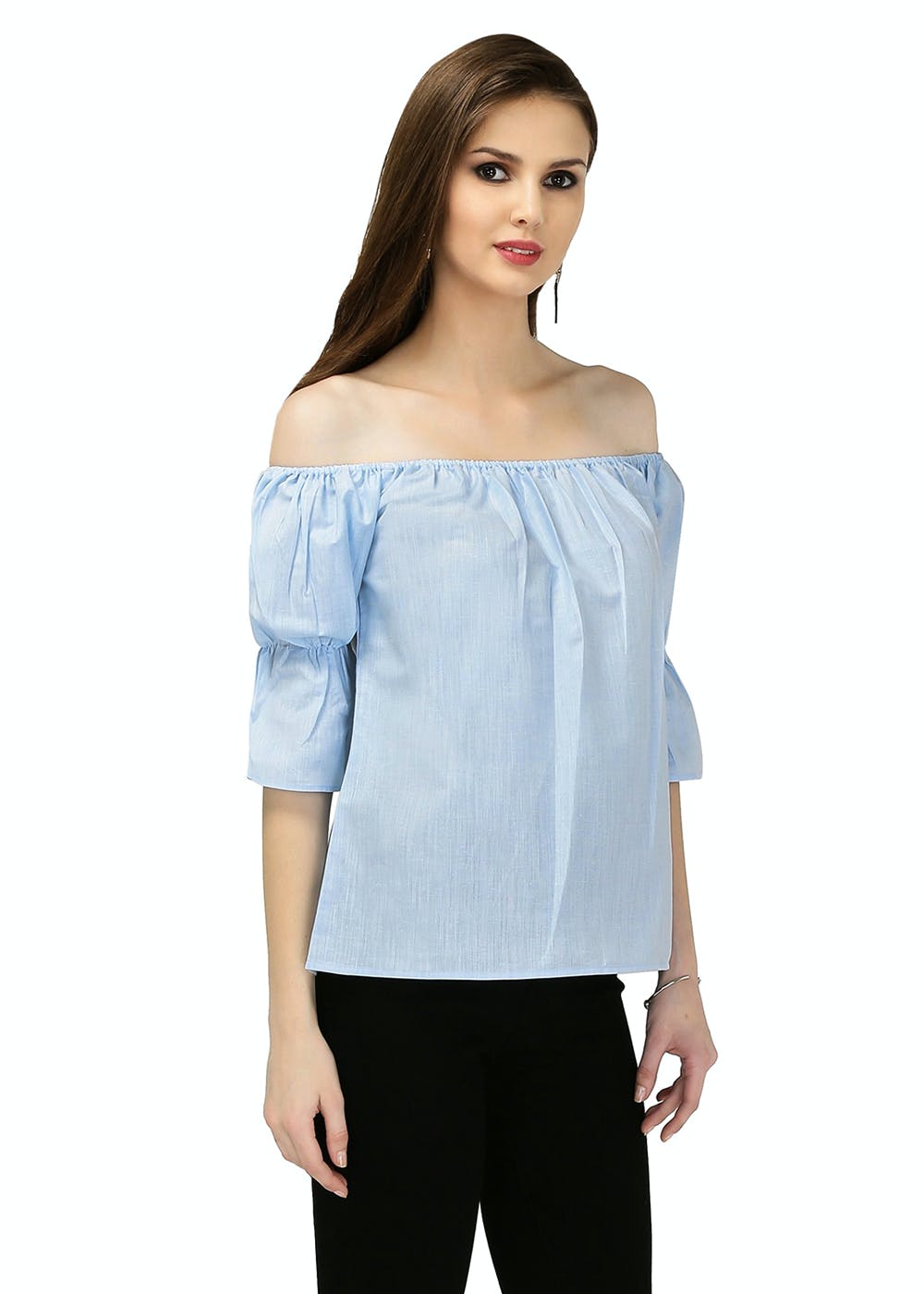 Get Scrunch Sleeve Detail Solid Blue Off-Shoulder Top at ₹ 1390 | LBB Shop