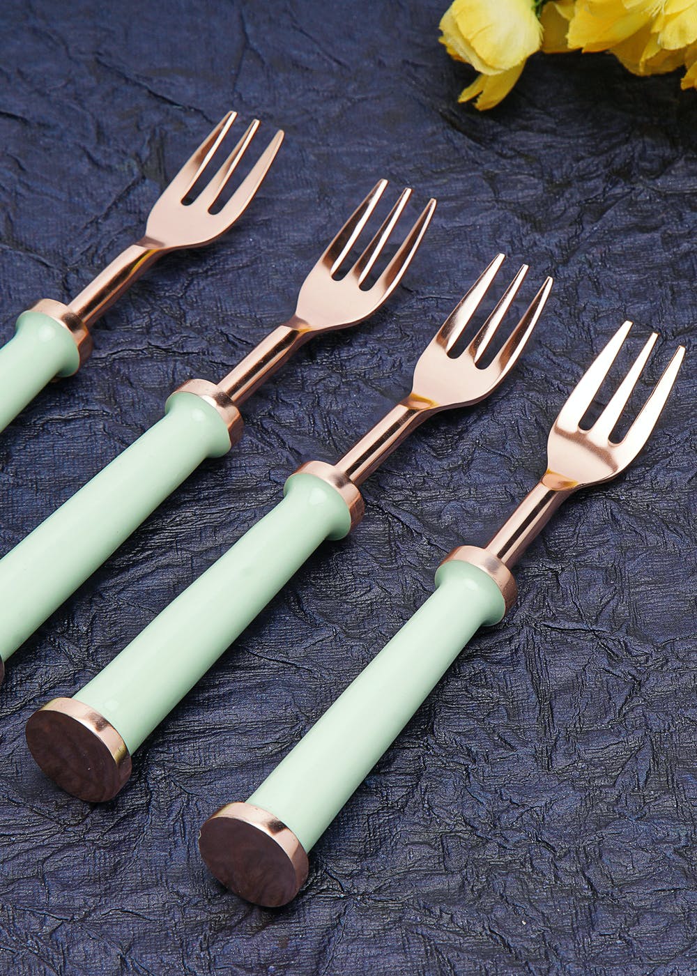 Get Set of 4 Mint Green & Rose Gold Dessert Forks at ₹ 1530 | LBB Shop