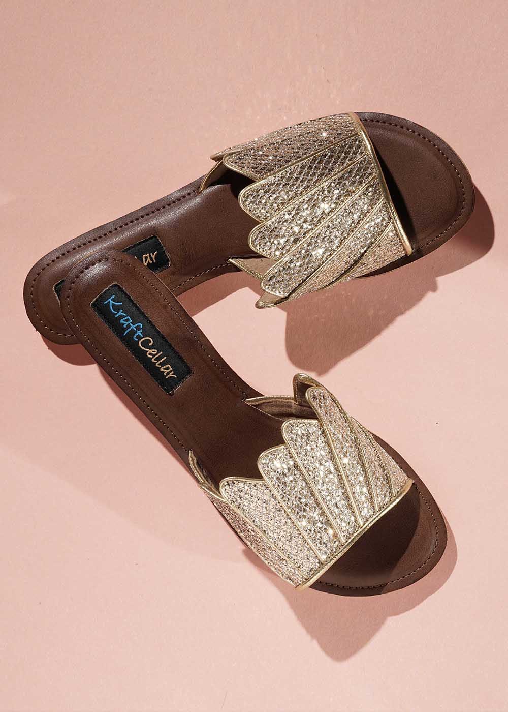 Get Asymmetrical Strap Detail Glittery Golden Slides at ₹ 799 | LBB Shop
