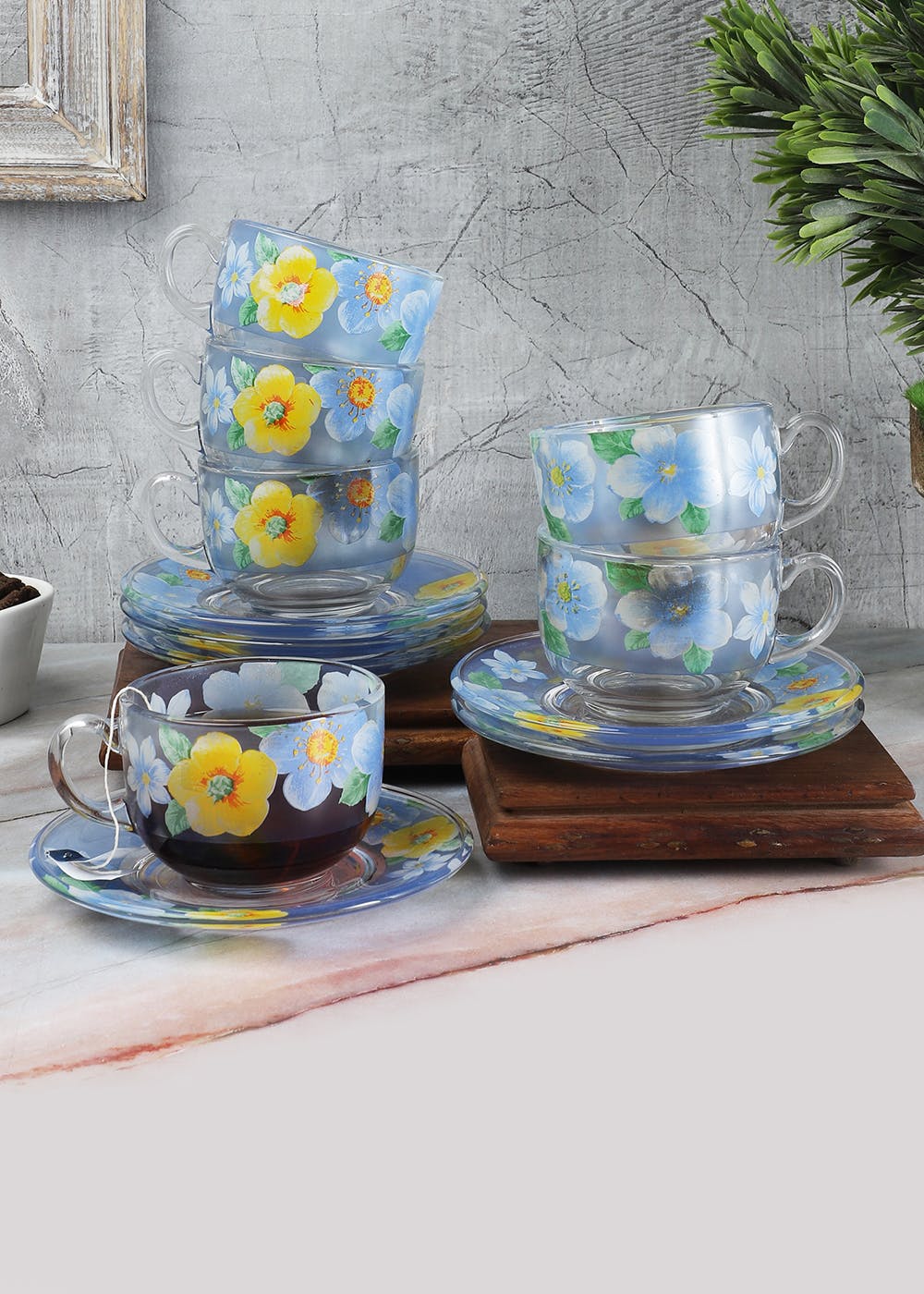 Get Glass Tea Cups Set With Saucers (Set Of 6) at ₹ 1499 | LBB Shop