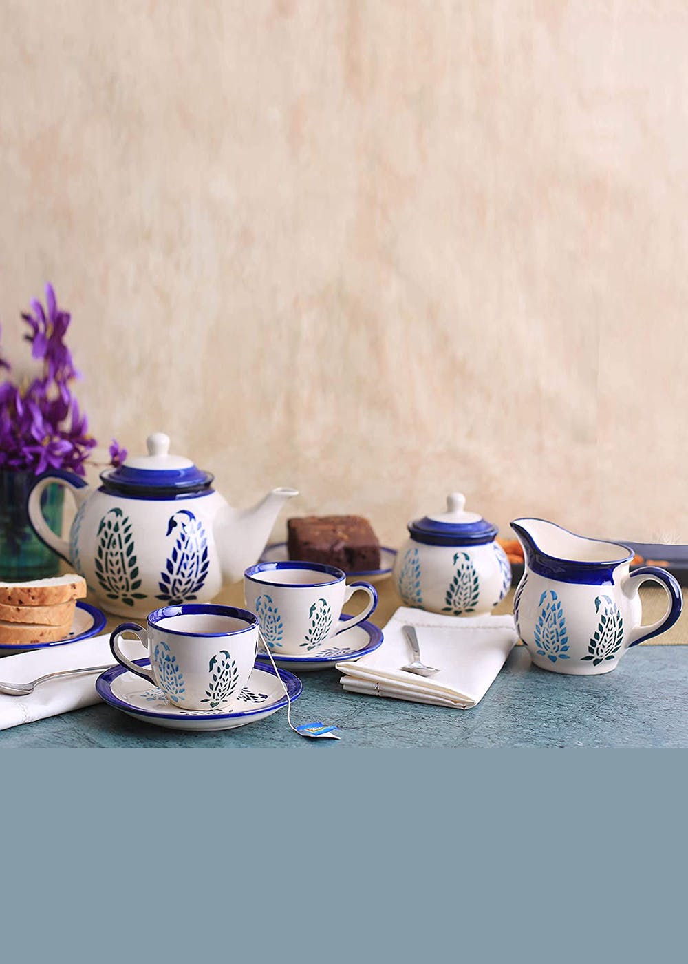 Get Ceramic Handmade Tea Set With Kettle Blue Boota Printed Tea Sets ...