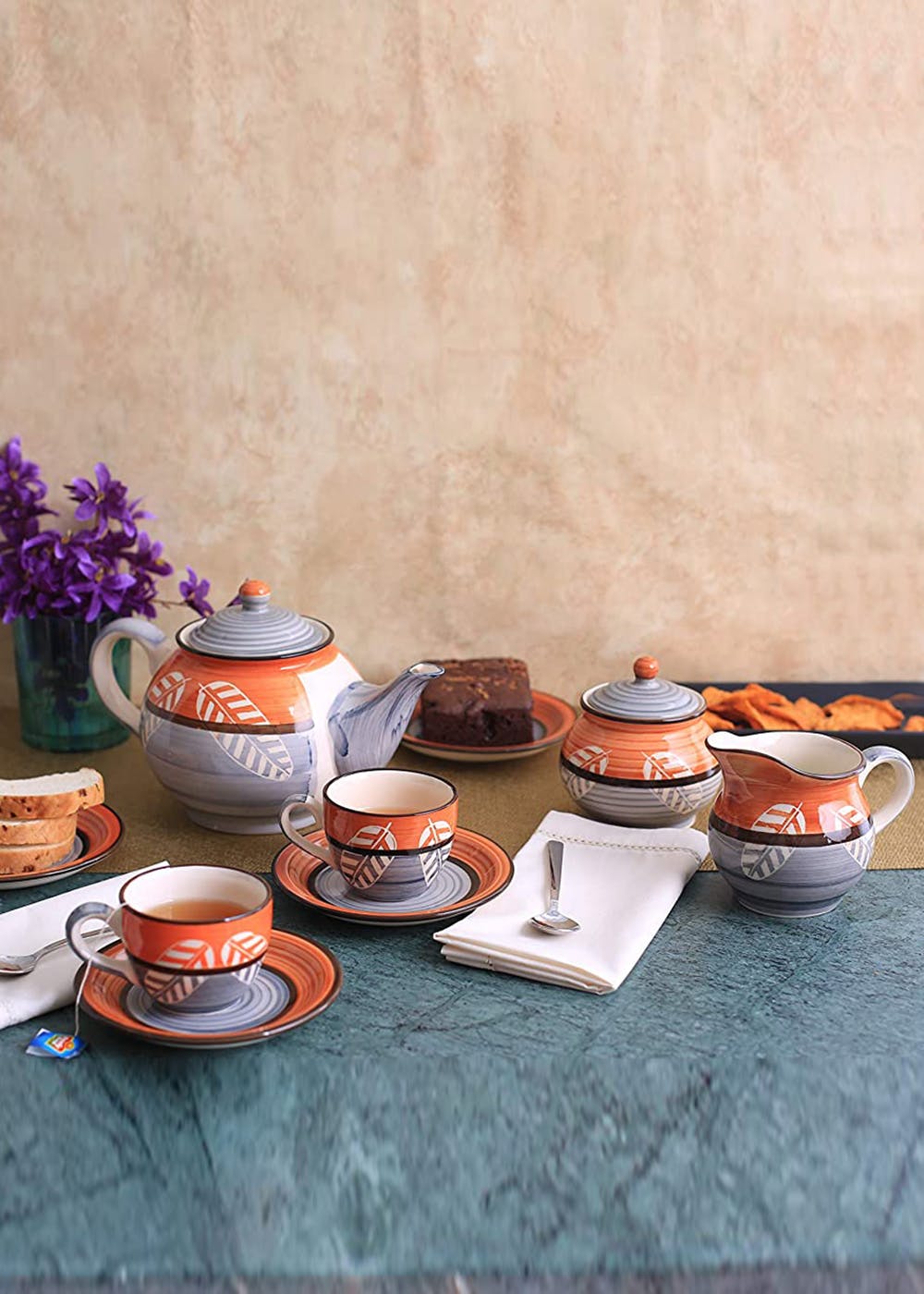 Get Ceramic Handmade Tea Set With Kettle, Orange Leaf Hand Printed Tea ...