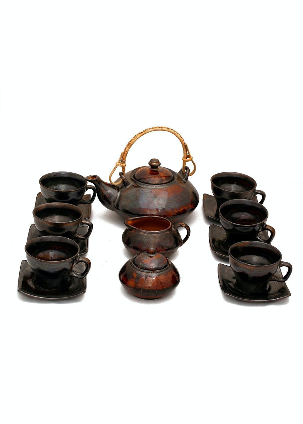 Get Ceramic Handmade Tea Set With Kettle, Wooden And Black Metallic ...
