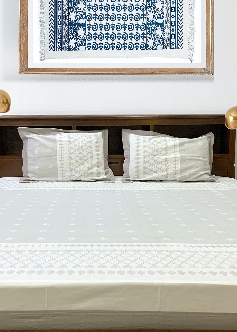Get Cream & Light Grey Printed Cotton Double Bedsheet with 2 Pillow ...