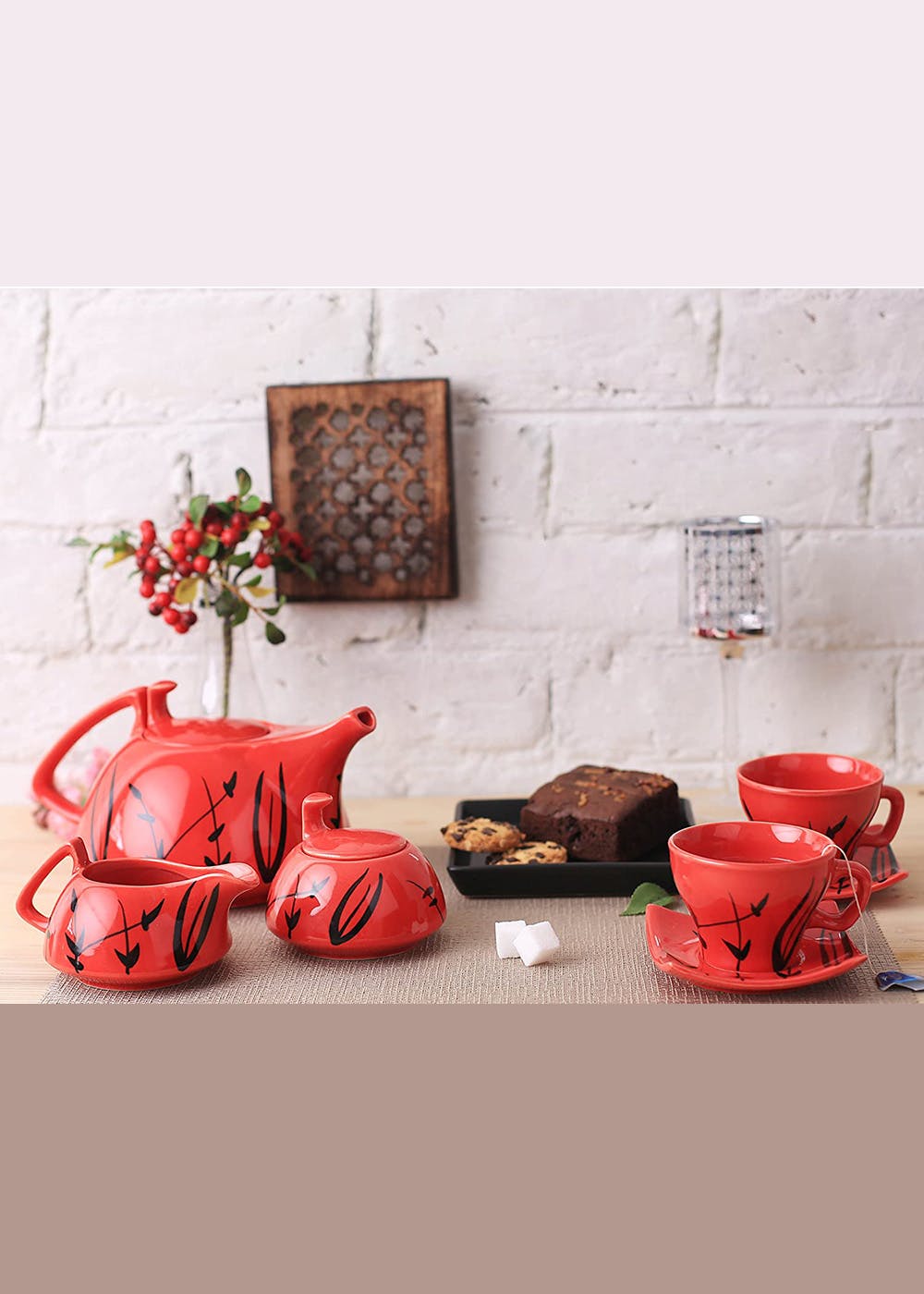 Get Ceramic Handmade Tea Set With Kettle Red Bamboo Printed Tea Sets ...