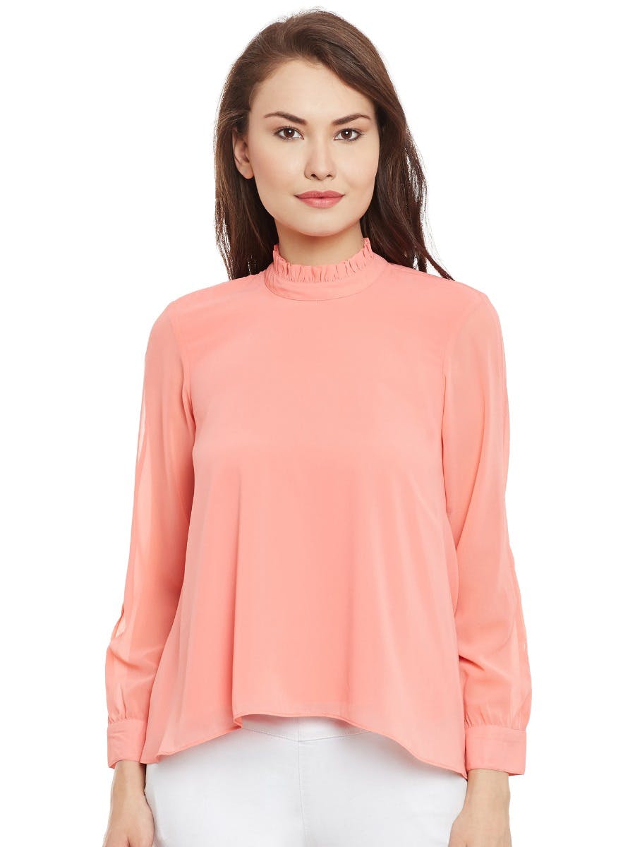 Get Frilled High Neck Cuffed Sleeves Asymmetric Top at ₹ 959 | LBB Shop