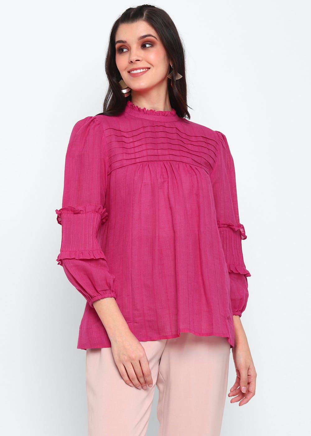 Get Pintuck & Ruffle Detail Solid Pink Top at ₹ 1139 | LBB Shop