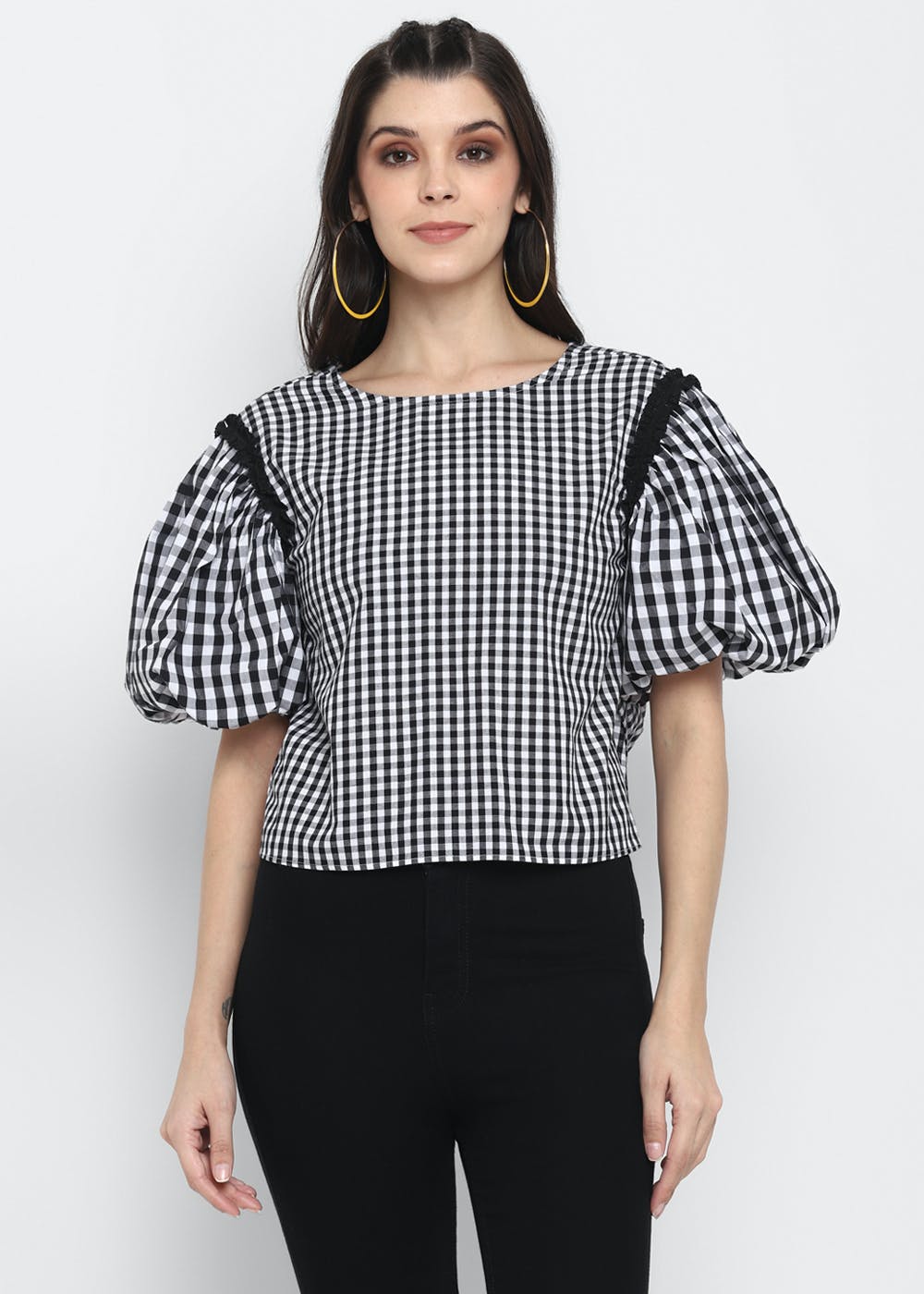 Get Puffed Sleeve Detail Monochrome Checkered Top at ₹ 1350 | LBB Shop