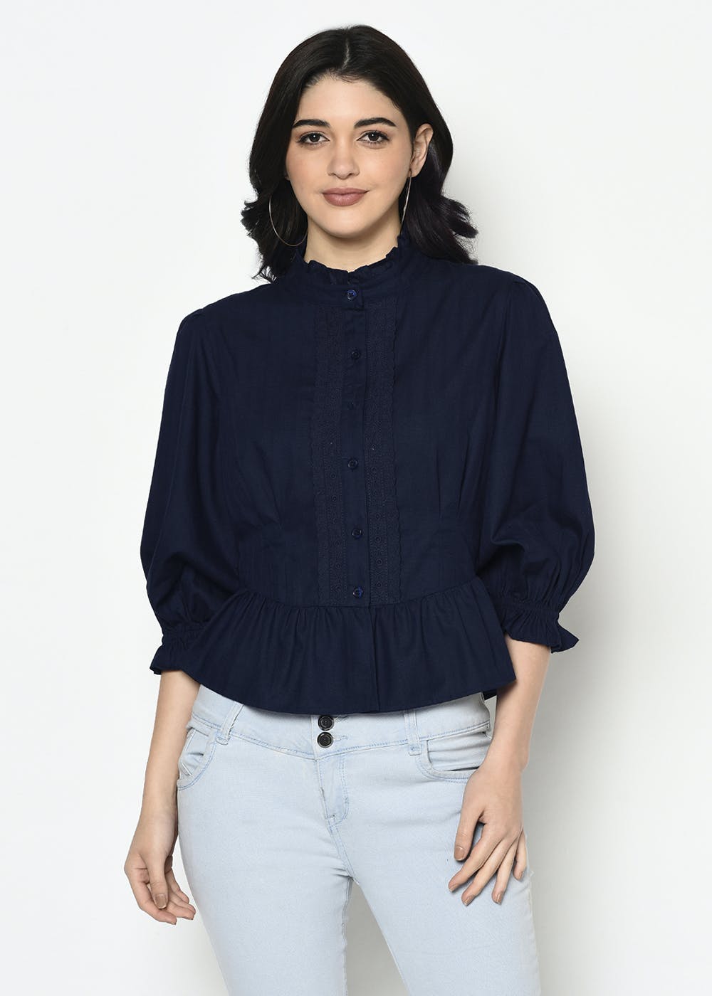 Get Ruffled Neck Detail Navy Button Down Top at ₹ 1253 | LBB Shop