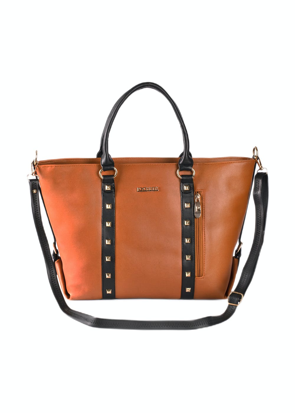 Get Embellished Contrast Panel Handles Detail Tan Handbag at ₹ 1899 ...