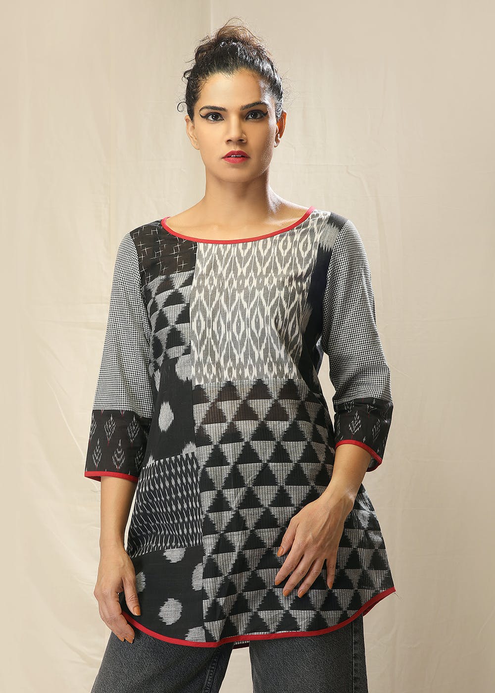 Get Red Piping Detail Patch Work Printed Kurti at ₹ 3200 | LBB Shop