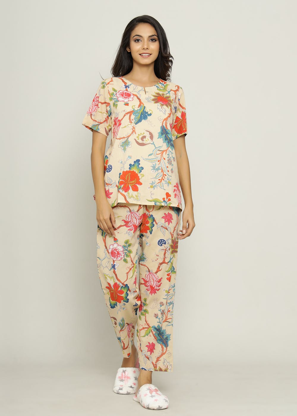 Get Beige Cotton Printed Night Suit Set with Pyjamas at ₹ 1199 | LBB Shop